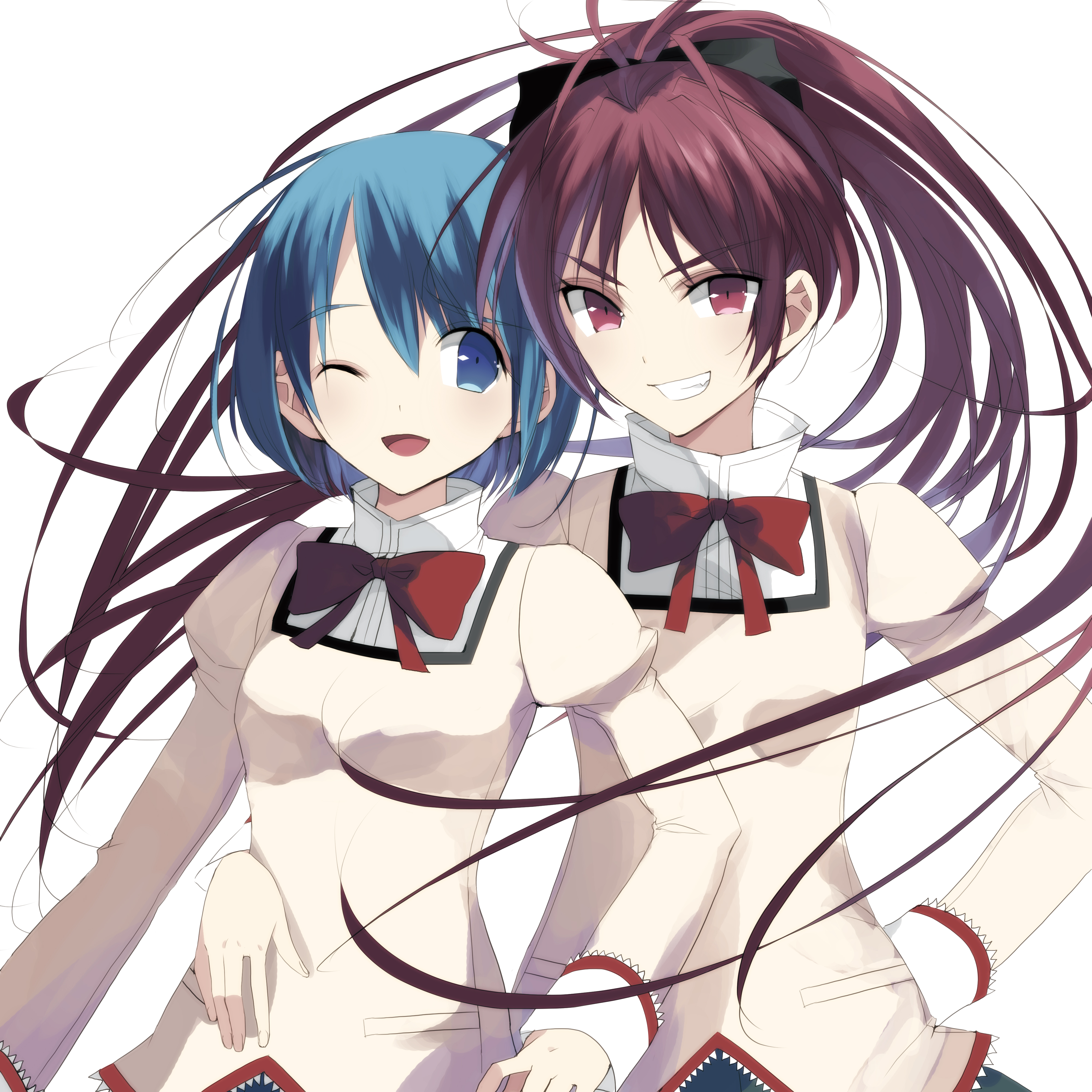 Safebooru - 2girls ;d absurdres black bow blue eyes blue hair bow bowtie brown hair floating ...